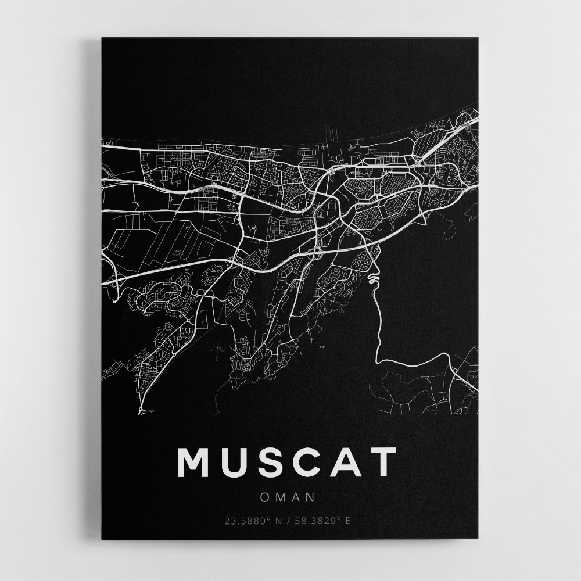 Muscat City Map - Black Wall Art