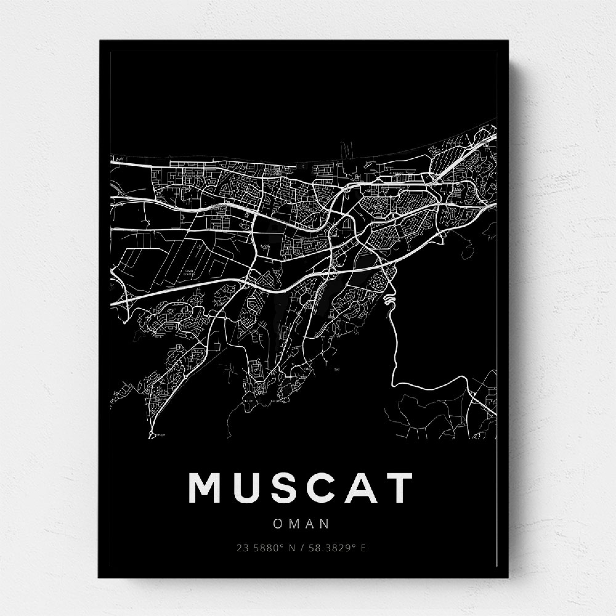 Muscat City Map - Black Wall Art