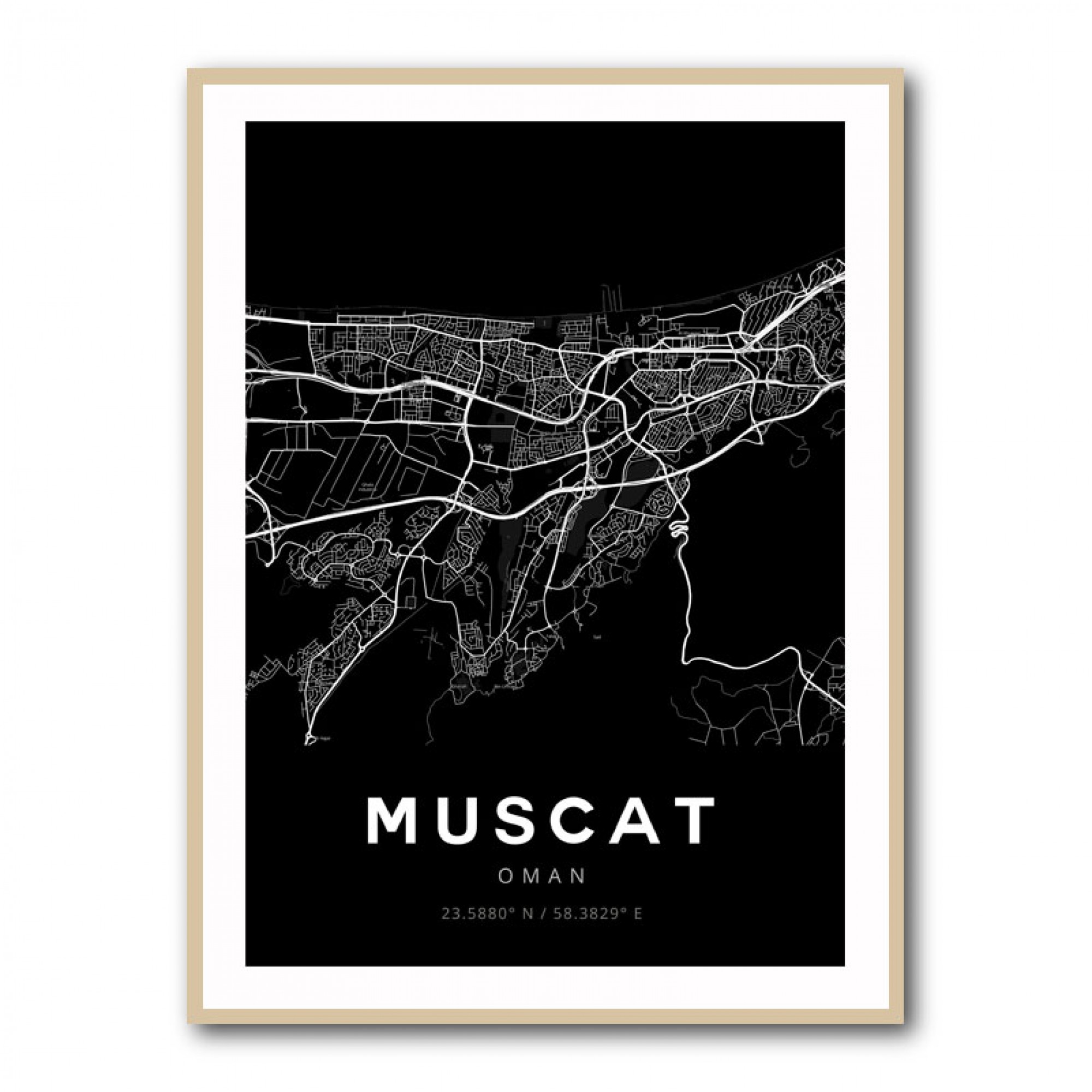 Muscat City Map - Black Wall Art