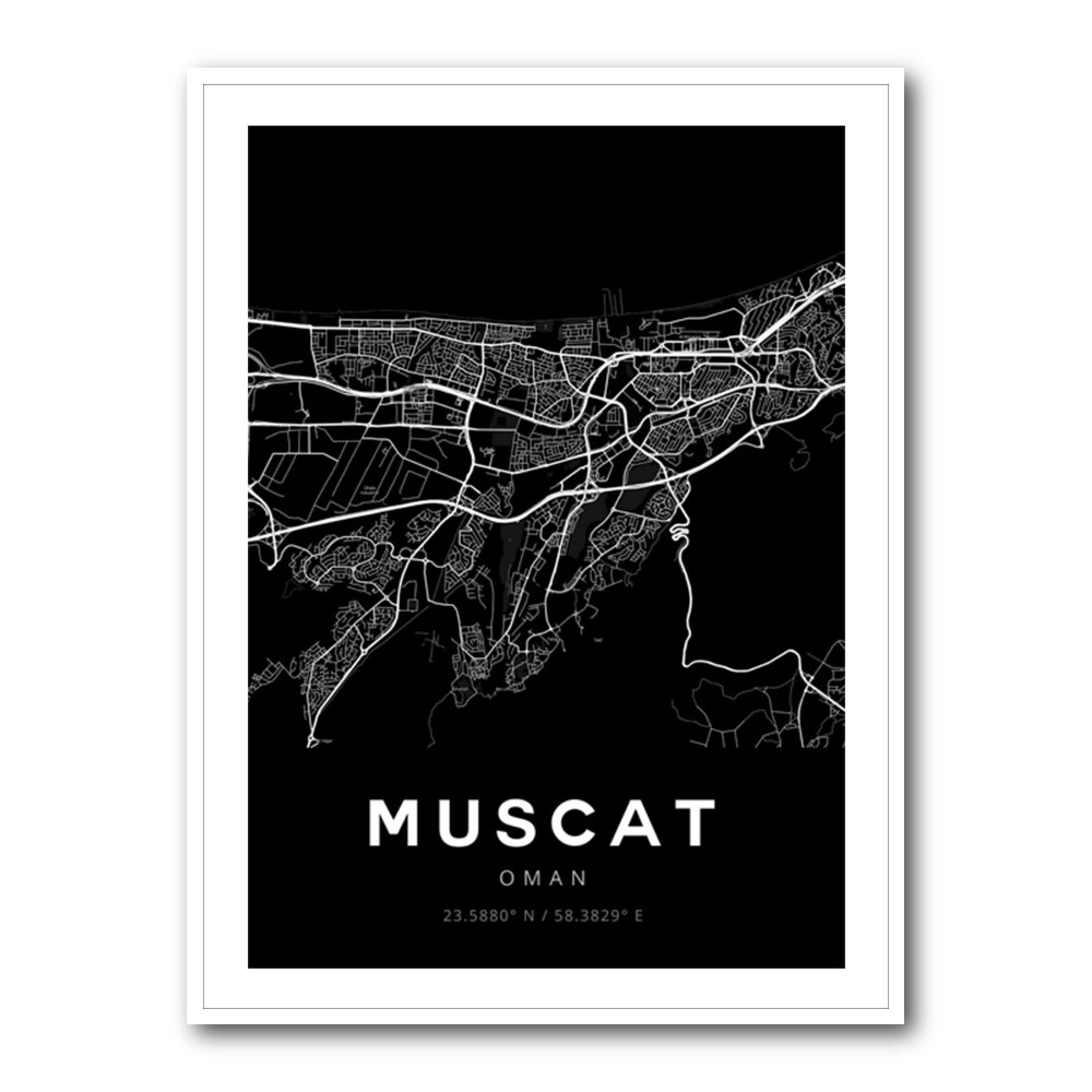 Muscat City Map - Black Wall Art
