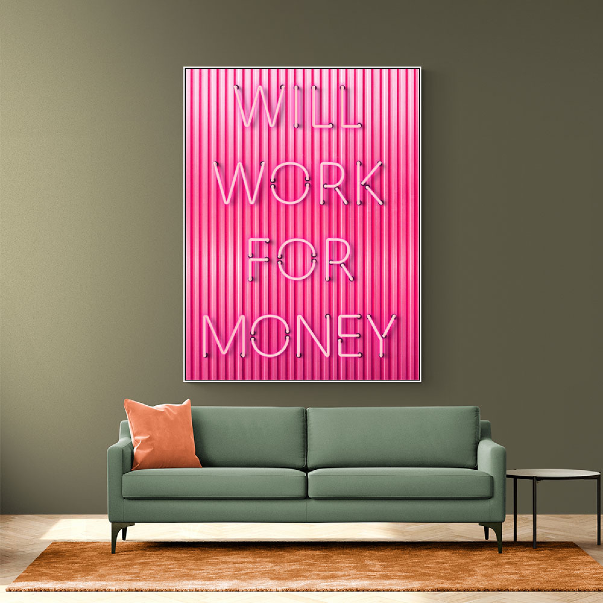 Will Work For Money Neon Pink Quote Wall Art