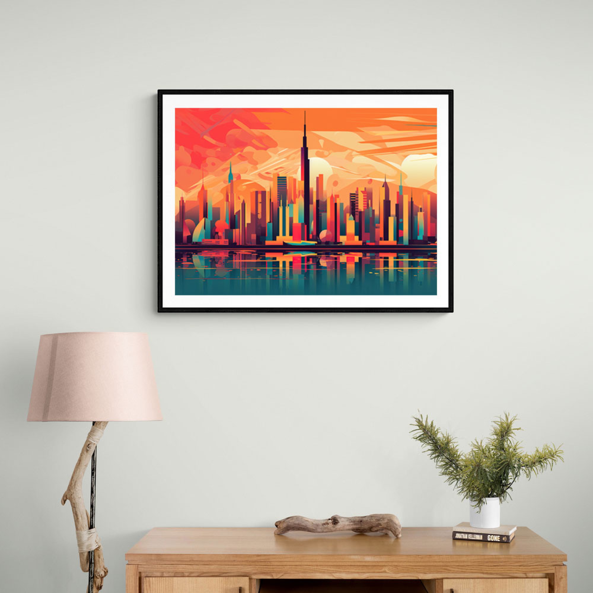 Skyline of Downtown Dubai in a Hockney Style Wall Art