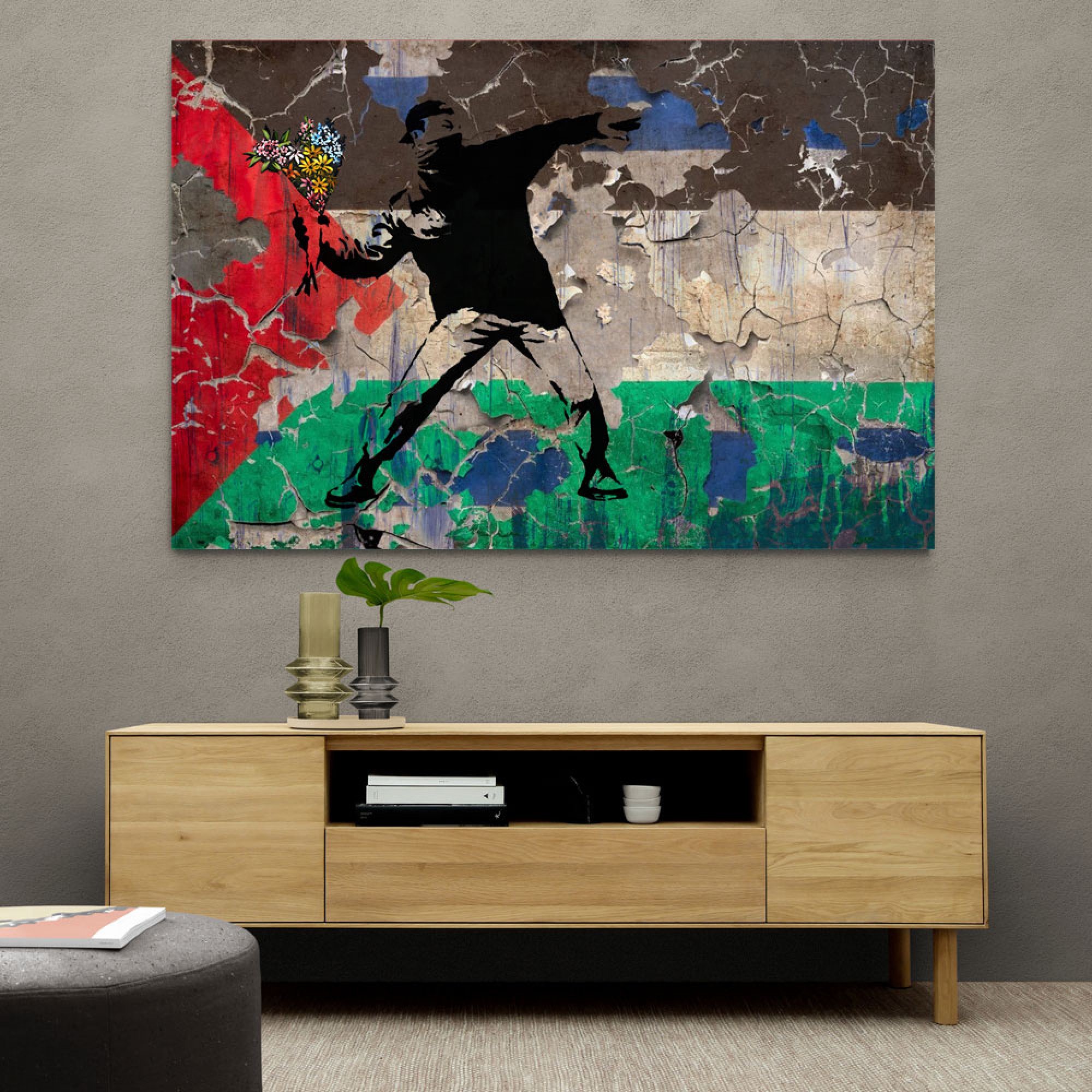 Banksy Flower Thrower Palestine Flag Wall Art