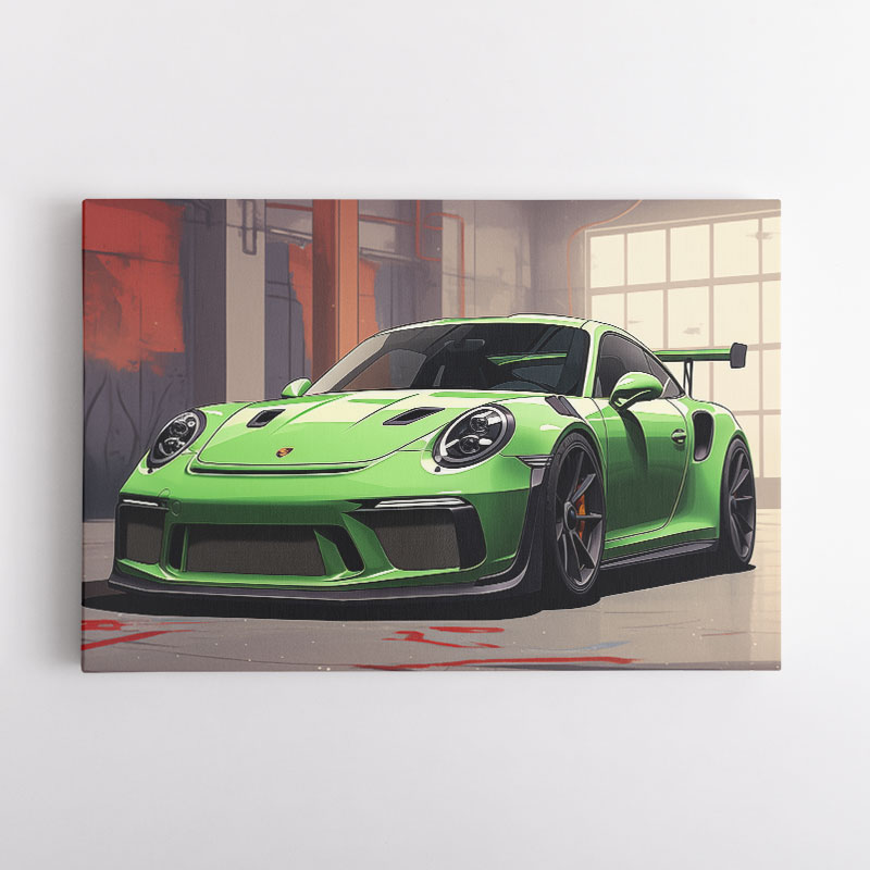 Green Porsche 911 GT3 RS Cartoon Style Wall Art