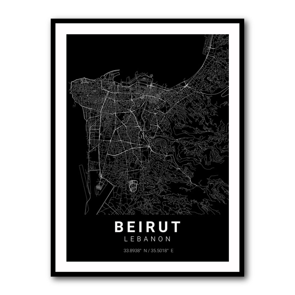 Beirut City Map Black Wall Art