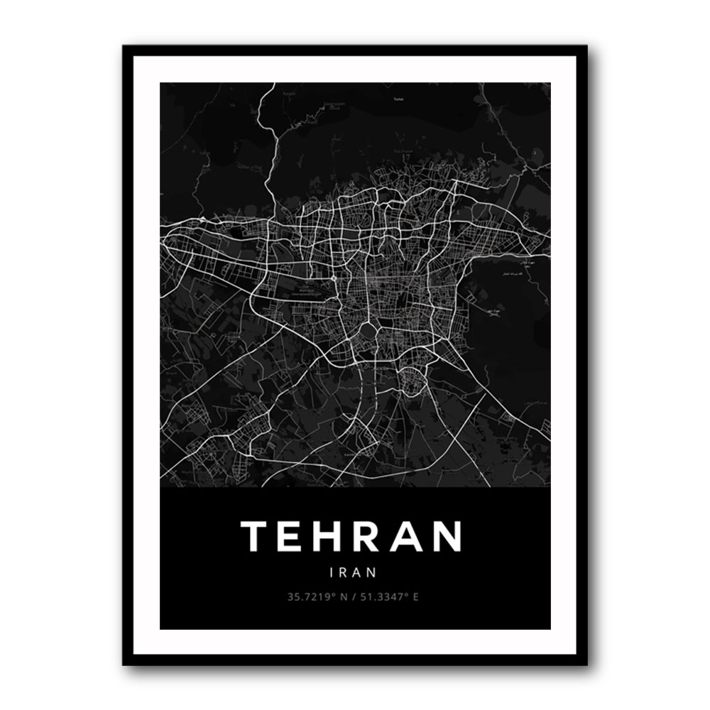 Tehran City Map Black Wall Art