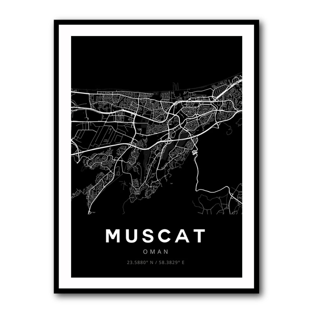 Muscat City Map - Black Wall Art